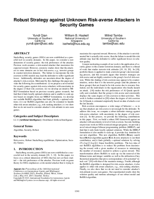 (PDF) Robust Strategy against Unknown Risk-averse Attackers in Security ...