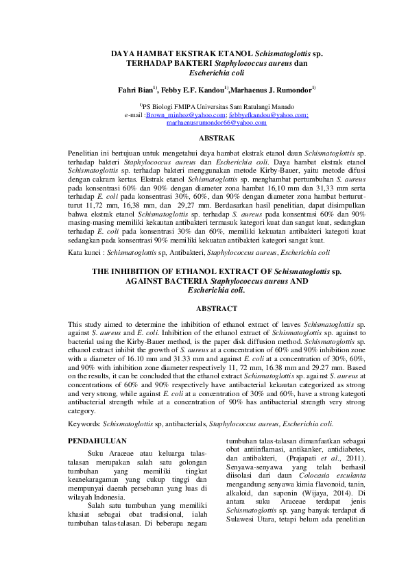 (PDF) DAYA HAMBAT EKSTRAK ETANOL Schismatoglottis sp. TERHADAP BAKTERI Staphylococcus aureus dan ...
