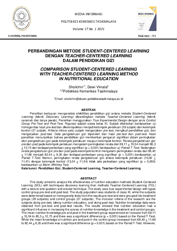(PDF) Perbandingan Metode Student-Centered Learning Dengan Teacher-Centered Learning Dalam ...