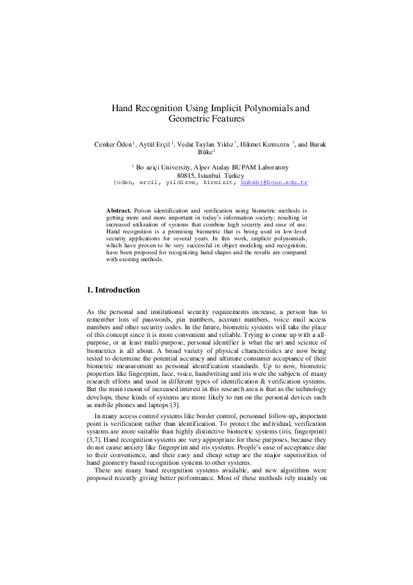 (PDF) Hand Recognition Using Implicit Polynomials and Geometric Features