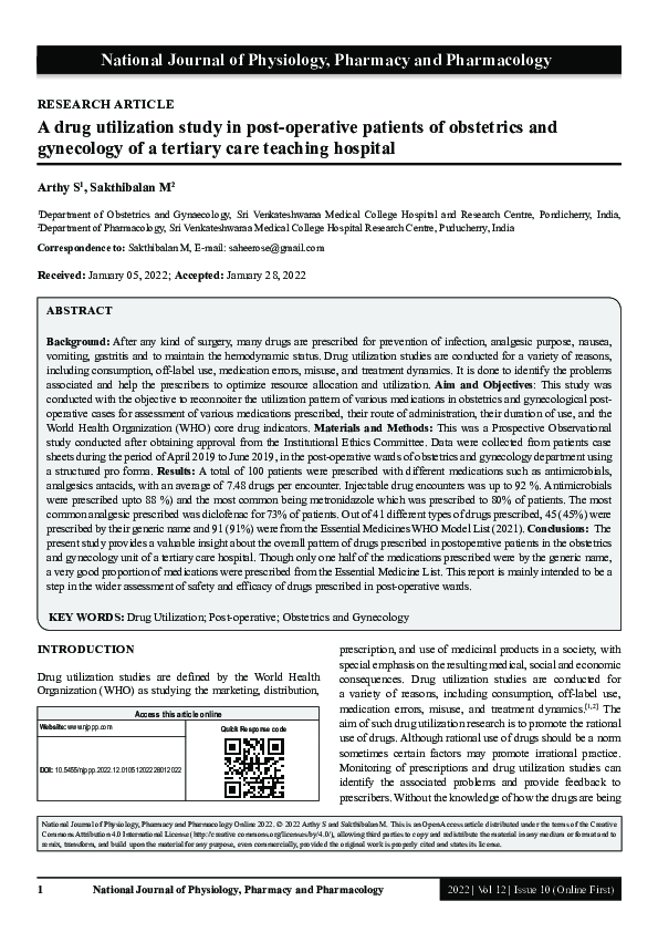 (PDF) Drug utilization study in post-operative patients in obstetrics ...