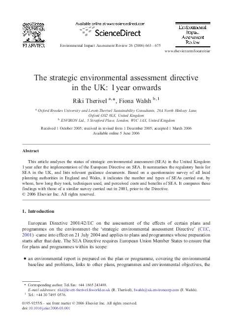 (PDF) The strategic environmental assessment directive in the UK: 1year ...