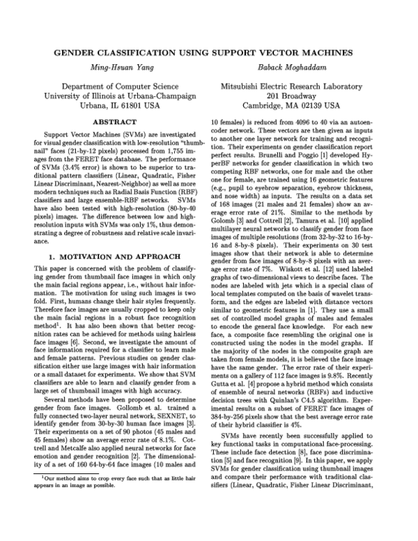 Pdf Gender Classification Using Support Vector Machines