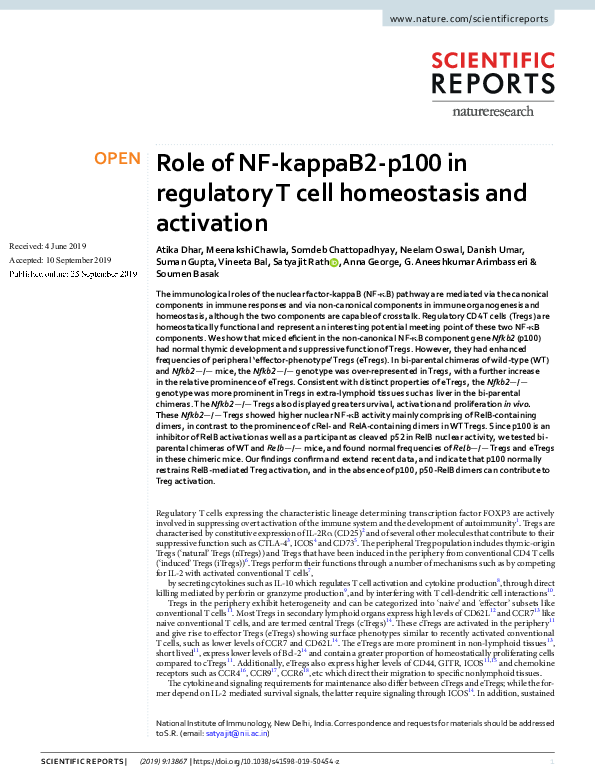 (PDF) Role of NF-kappaB2-p100 in regulatory T cell homeostasis and ...