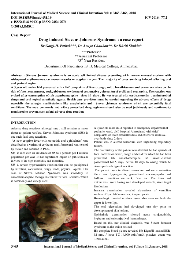 (PDF) Drug induced Stevens Johnsons Syndrome : a case report