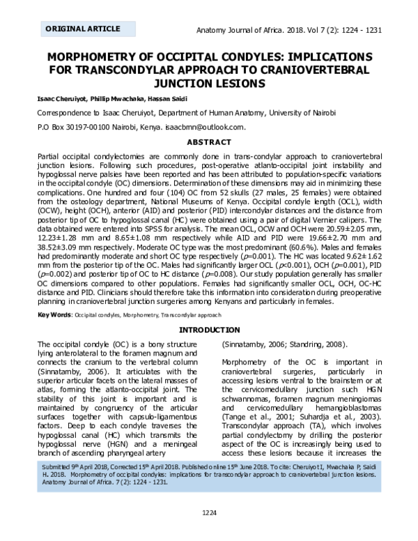 (PDF) Morphometry of Occipital condyles: Implications for transcondylar ...