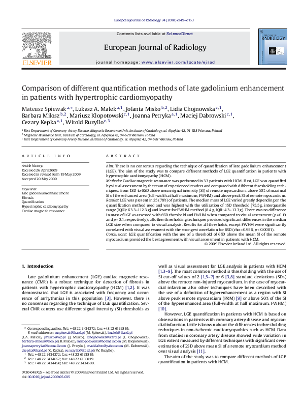 (PDF) Comparison of different quantification methods of late gadolinium ...