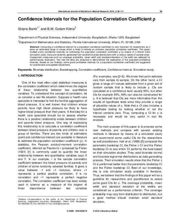 (PDF) Confidence Intervals for the Population Correlation Coefficient ρ