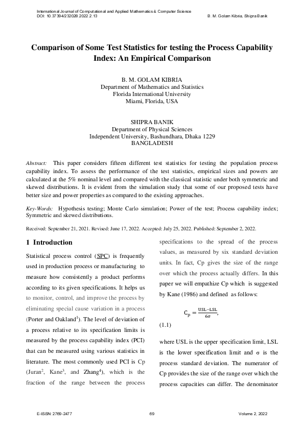 Pdf Comparison Of Some Test Statistics For Testing The Process Capability Index An Empirical