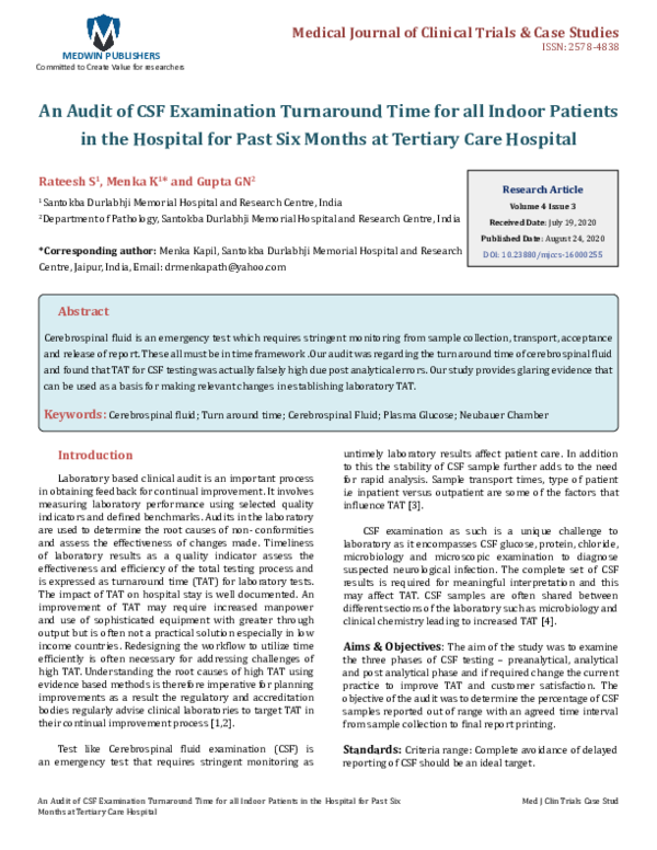 (PDF) An Audit of CSF Examination Turnaround Time for all Indoor ...