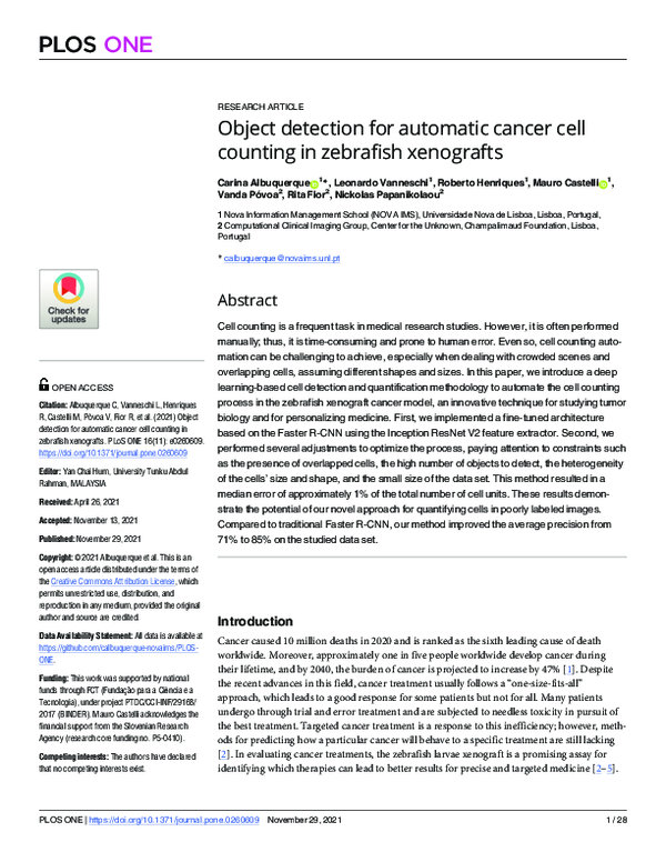 (PDF) Object detection for automatic cancer cell counting in zebrafish xenografts | Rita Fior ...