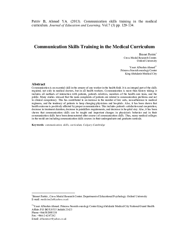 (PDF) Communication Skills Training in the Medical Curriculum