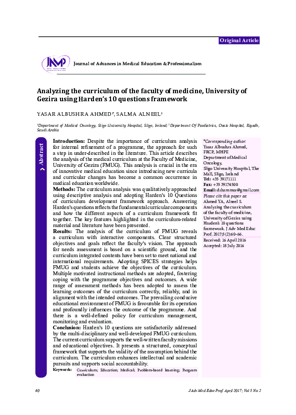 (PDF) Analyzing the Curriculum of the Faculty of Medicine, University ...