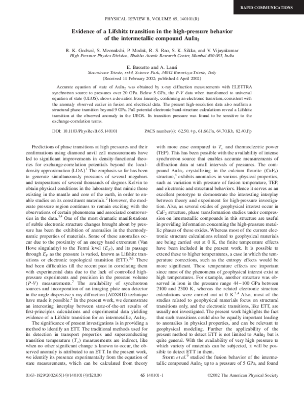 (PDF) Evidence of a Lifshitz transition in the high-pressure behavior ...