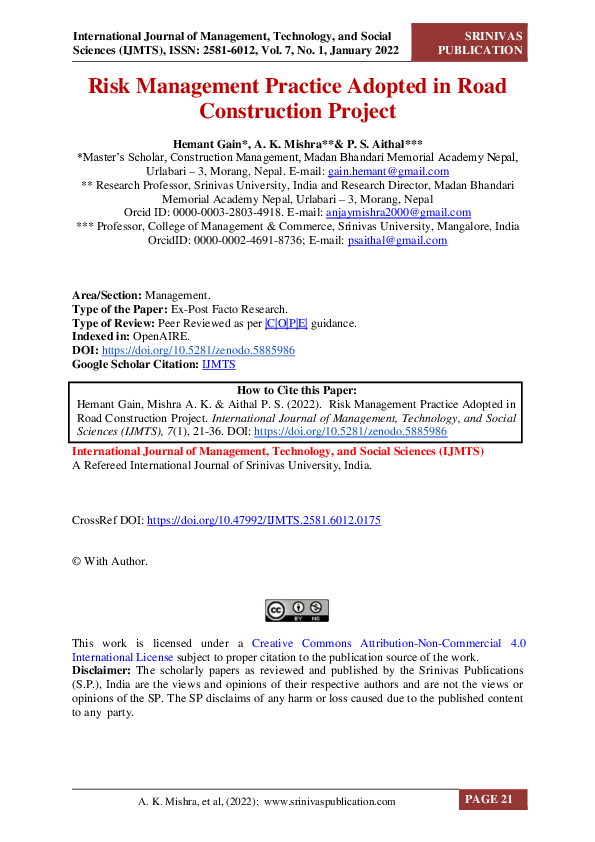 (PDF) Risk Management Practice Adopted in Road Construction Project