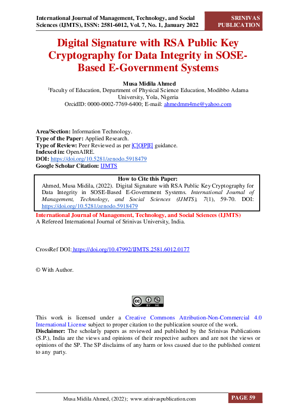 (PDF) Digital Signature with RSA Public Key Cryptography for Data Integrity in SOSE-Based E ...