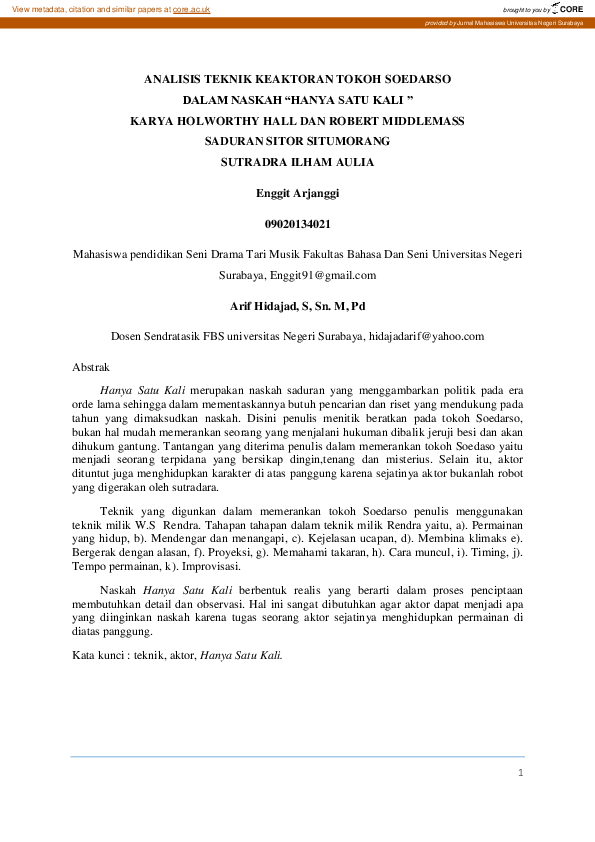 (PDF) Analisis Teknik Keaktoran Tokoh Soedarso Dalam Naskah “Hanya Satu ...