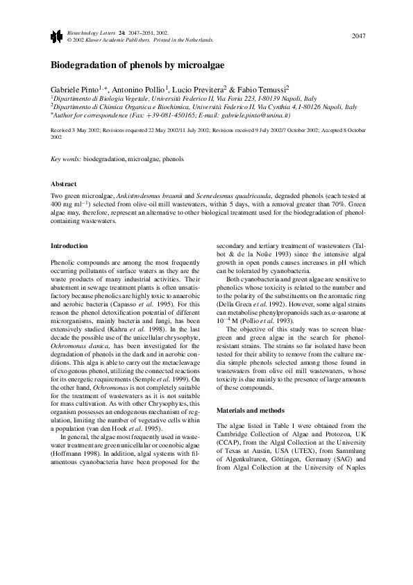 (PDF) Biodegradation of phenols by microalgae