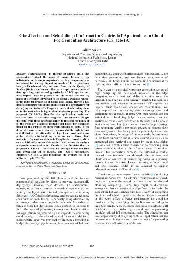 Pdf Classification And Scheduling Of Information Centric Iot Applications In Cloud Fog