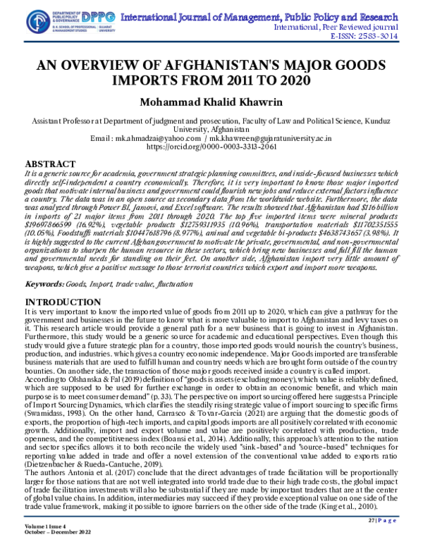 (PDF) AN OVERVIEW OF AFGHANISTAN'S MAJOR GOODS IMPORTS FROM 2011 TO 2020