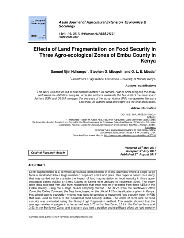 (PDF) Effects of Land Fragmentation on Food Security in Three Agro ...