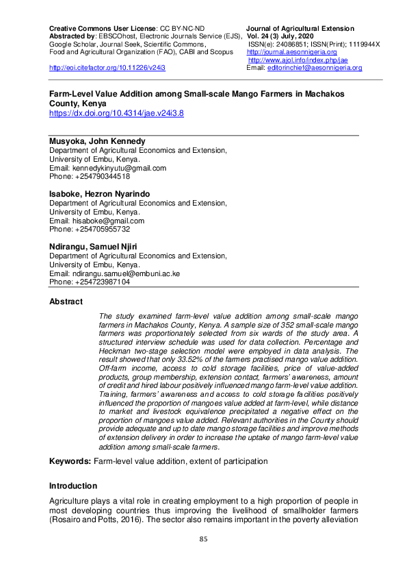 (PDF) Value Addition Practices of Small-scale Mango Farmers in Kenya