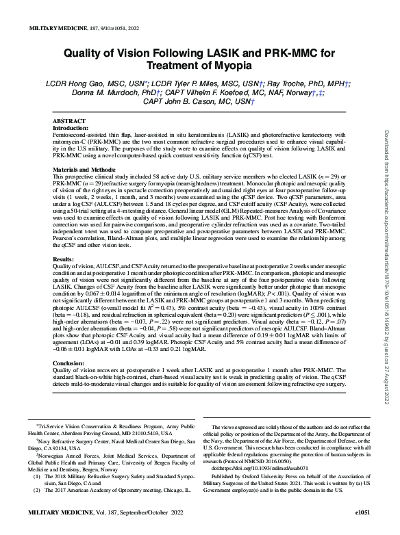 (PDF) Quality of Vision Following LASIK and PRK-MMC for Treatment of ...