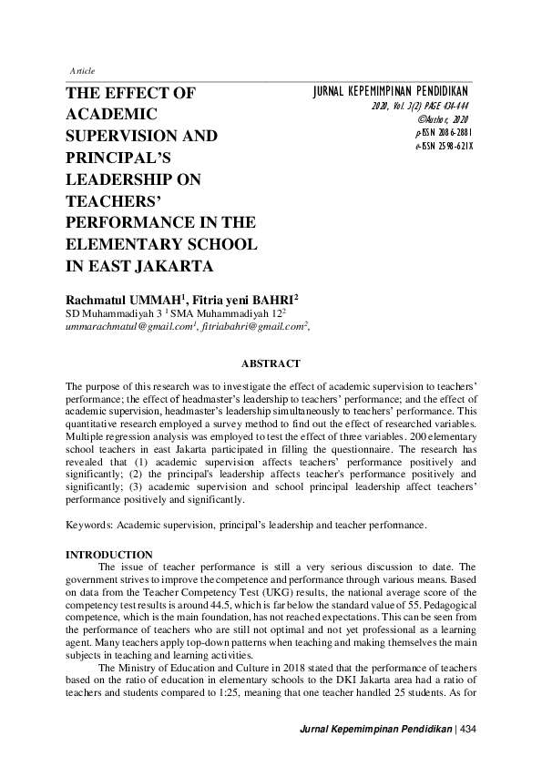 (PDF) The Effect of Academic Supervision and Principal’s Leadership on Teachers’ Performance in ...