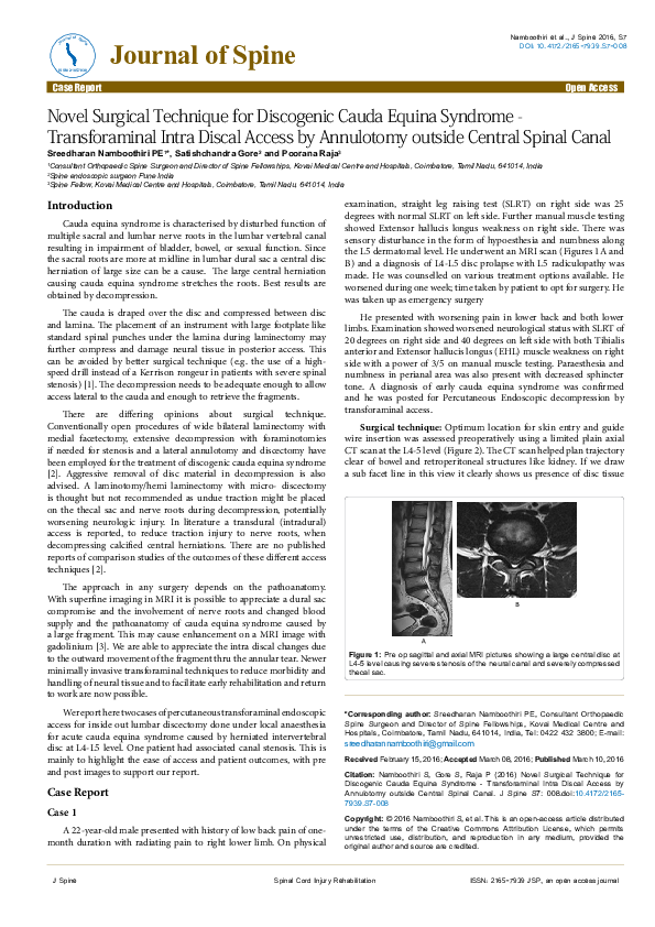 (PDF) Novel Surgical Technique for Discogenic Cauda Equina Syndrome ...