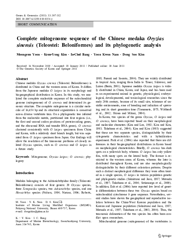 (PDF) Complete mitogenome sequence of the Chinese medaka Oryzias ...