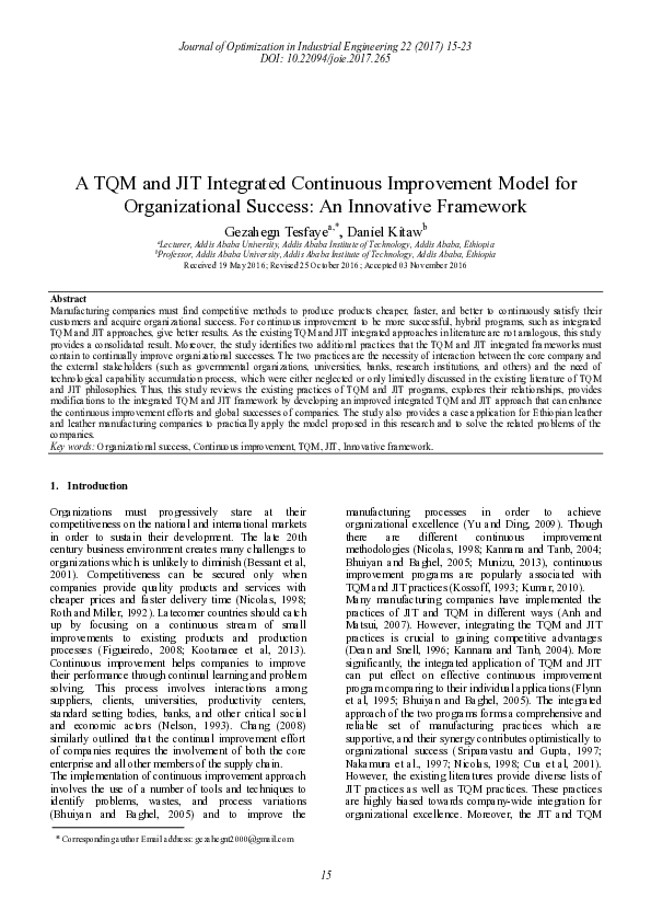 (PDF) A TQM and JIT Integrated Continuous Improvement Model For Organizational Success: An ...