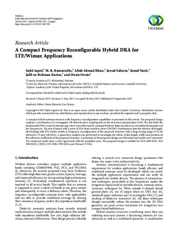 Pdf A Compact Frequency Reconfigurable Hybrid Dra For Lte Wimax