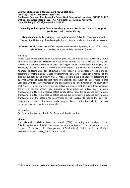 (PDF) Modeling and Analysis of Bus Scheduling Systems of Public Bus Transport in Aqaba Special ...