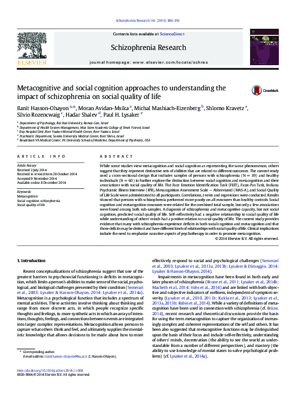 (PDF) Metacognitive and social cognition approaches to understanding the impact of schizophrenia ...
