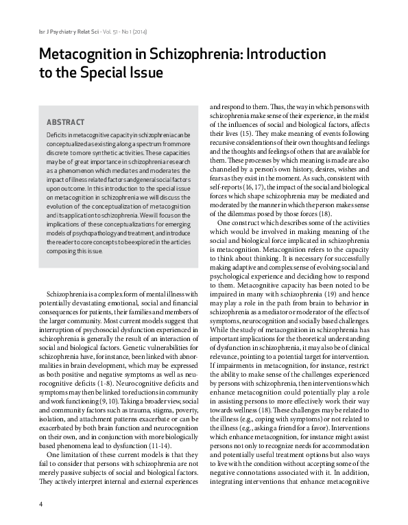 (PDF) Metacognition in Schizophrenia: introduction to the special issue | Ilanit Hasson-Ohayon ...