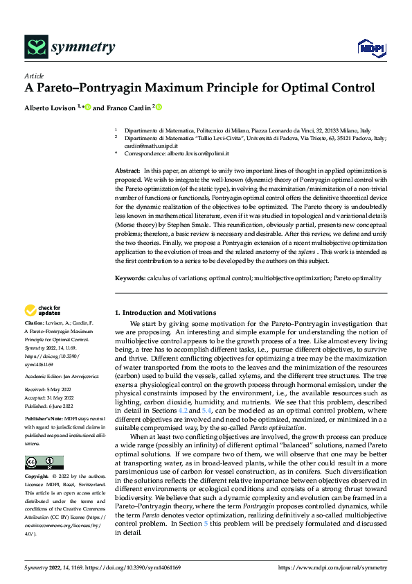 (PDF) A Pareto–Pontryagin Maximum Principle for Optimal Control