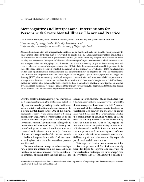(PDF) Metacognitive and interpersonal interventions for persons with severe mental illness ...