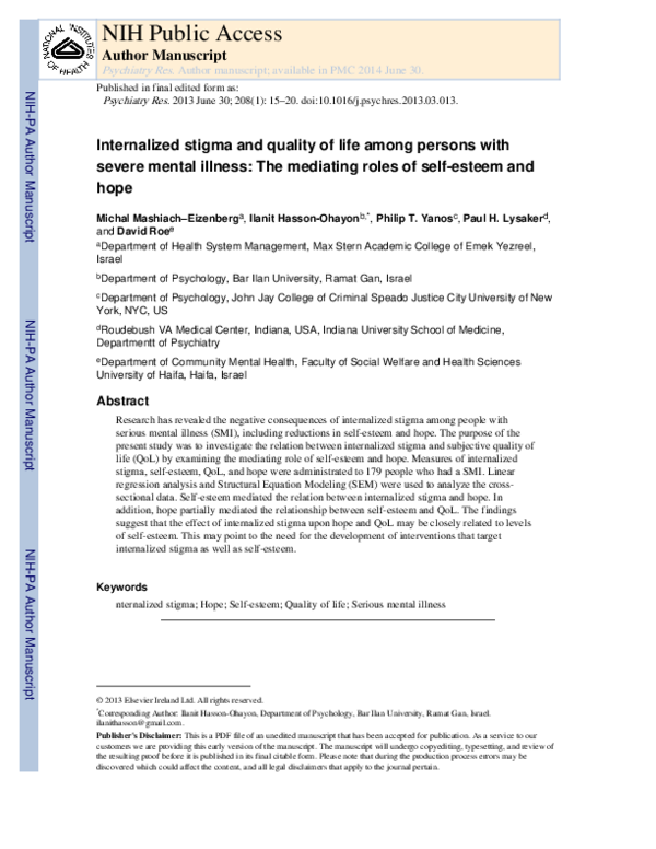 (PDF) Internalized stigma and quality of life among persons with severe ...