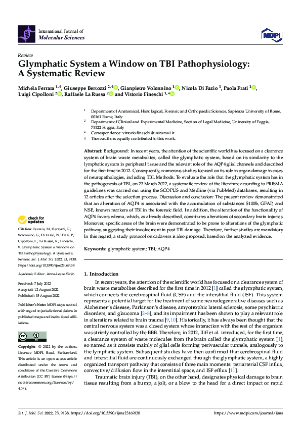 (PDF) Glymphatic System a Window on TBI Pathophysiology: A Systematic ...