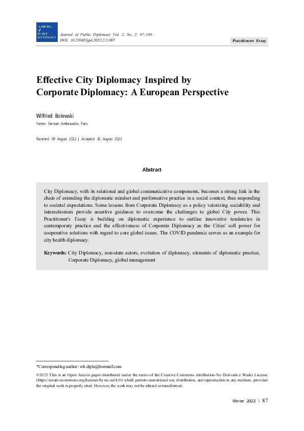 (PDF) Effective City Diplomacy Inspired by Corporate Diplomacy: A ...