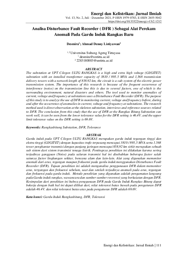 (PDF) Analisa Disturbance Fault Recorder ( DFR ) Sebagai Alat Perekam Anomali Pada Gardu Induk ...