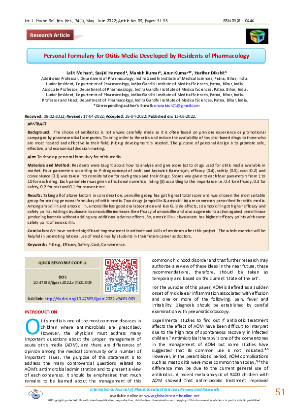 (PDF) Personal Formulary for Otitis Media Developed by Residents of ...