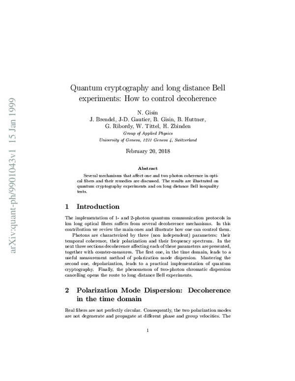 (PDF) Quantum Cryptography and Long Distance Bell Experiments: How to Control Decoherence