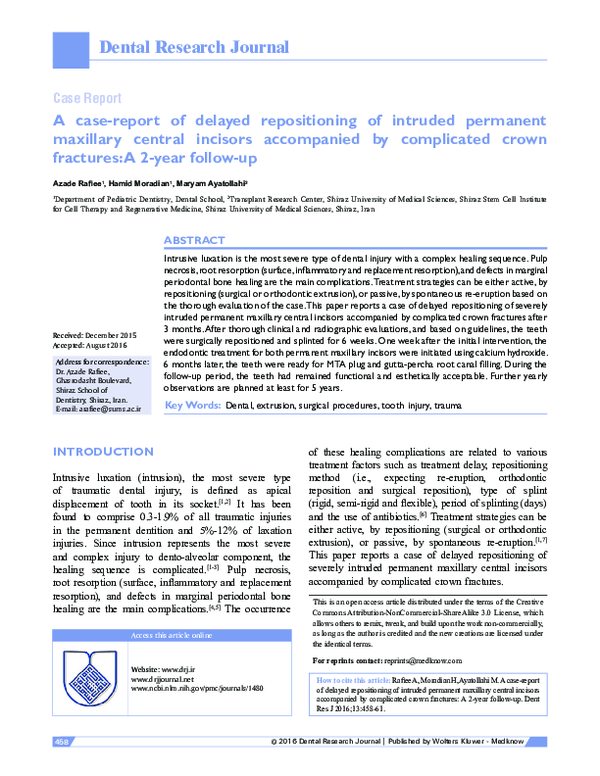 (PDF) A case-report of delayed repositioning of intruded permanent ...