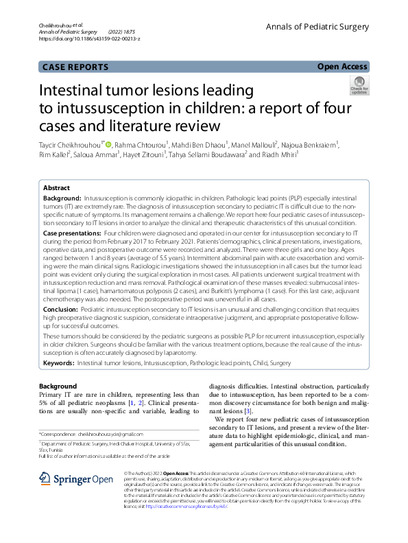 (PDF) Intestinal tumor lesions leading to intussusception in children ...