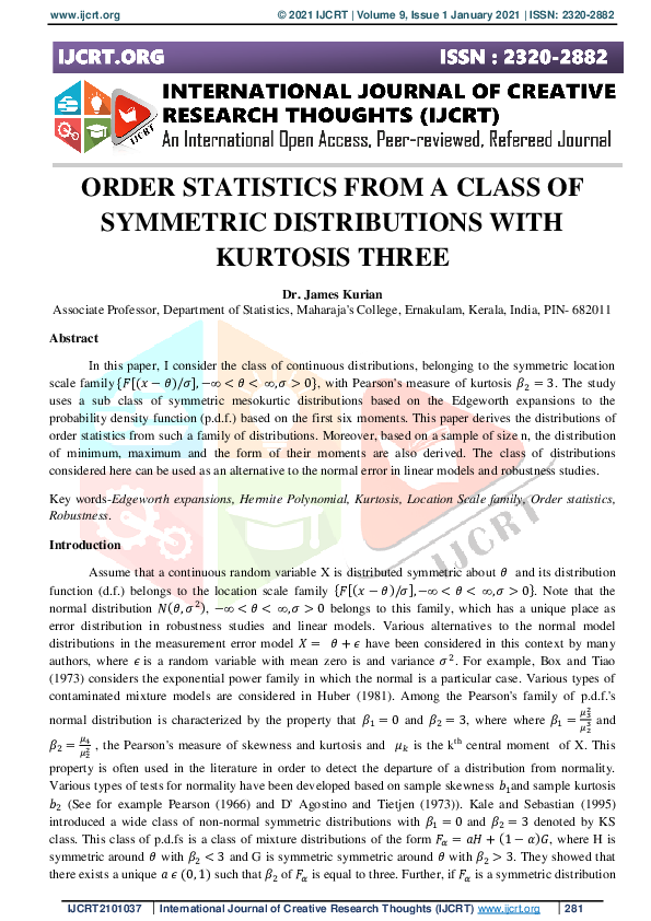 (PDF) Order Statistics from a Class of Symmetric Distributions with Kurtosis Three