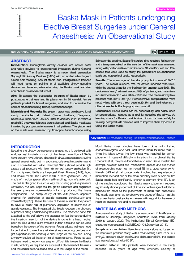 (PDF) Baska Mask in Patients undergoing Elective Breast Surgeries under ...