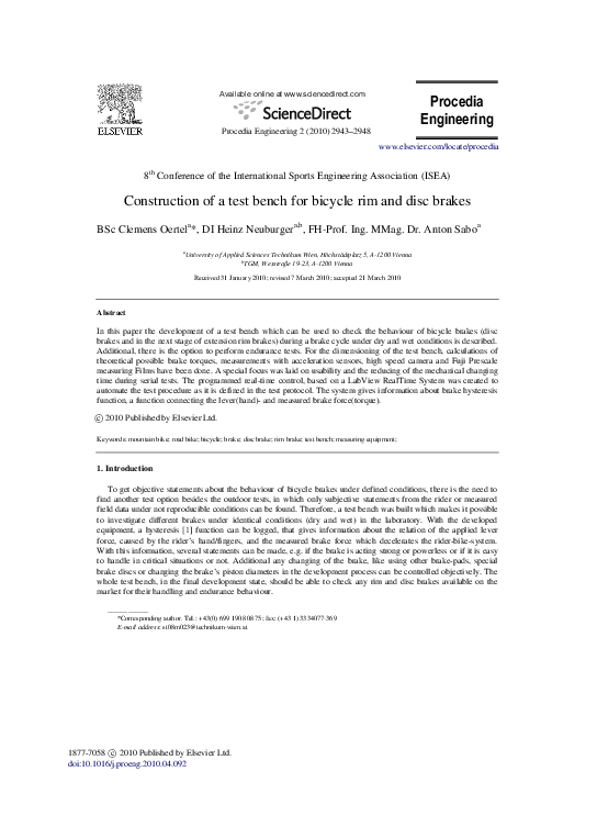 (PDF) Construction of a test bench for bicycle rim and disc brakes