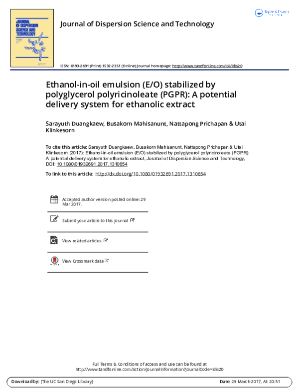 (PDF) Ethanol-in-oil emulsion (E/O) stabilized by polyglycerol ...