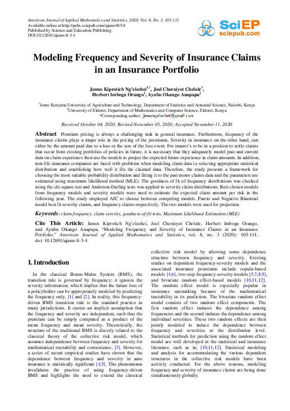 (PDF) Modeling Frequency and Severity of Insurance Claims in an Insurance Portfolio